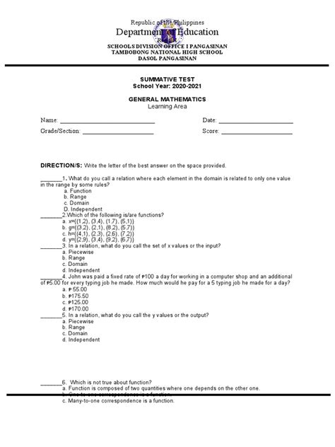 quarter1 module 1 2 and 3 4 genmath summative pdf domain of a function function mathematics