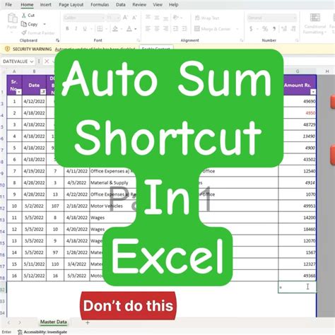 Auto Sum Shortcut In Excel Shorts Youtube