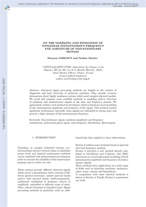 Pdf On The Modeling And Estimation Of Nonlinear Instantaneous Frequency And Amplitude Of Non