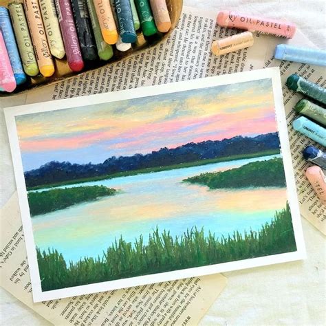 수진 On Instagram 노을 Sunset🧡 핀터레스트에서 보고 그렸는데 아멜리아 섬이라는군😊 오일파스텔 오일