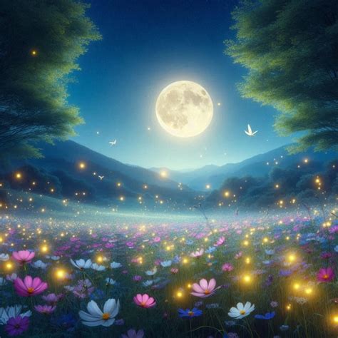 A Full Moon Is Shown Above Flowers And The Moon Is A Full Moon Premium Ai Generated Image