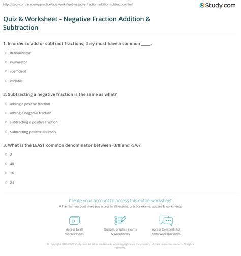 Quiz And Worksheet Negative Fraction Addition And Subtraction