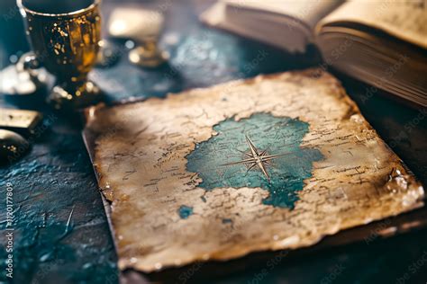 Photo And Art Print A Weathered Map Shows Cryptic Symbols And A Compass Hinting At Undiscovered