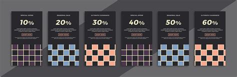 기하학적 패턴의 어두운 수직 홍보 웹 배너 소셜 미디어 모바일 앱 스토리에 대한 현대 판매 및 할인 프로모션 배경 세트 간단한 벡터 편집 가능한 배경 Eps 10 가격에