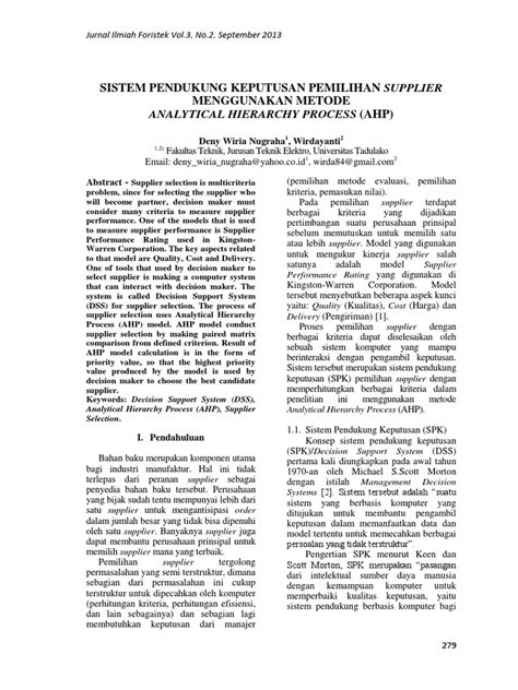 Sistem Pendukung Keputusan Pemilihan Supplier Menggunakan Metode Analytical Hierarchy Process