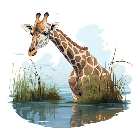 An Illustration Of A Giraffe Walking On A Water Pond Premium Ai