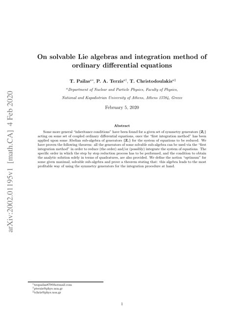 Pdf On Solvable Lie Algebras And Integration Method Of Ordinary Differential Equations