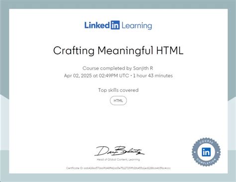 Certification Html Webdevelopment Linkedinlearning Sanjith R