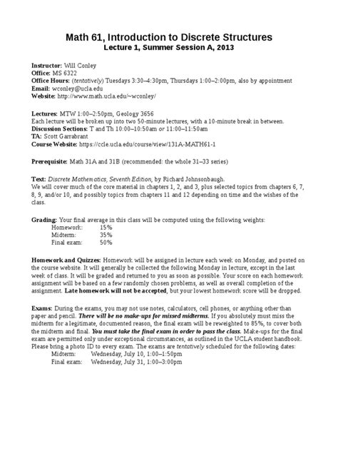 An Introduction To Discrete Structures Course Syllabus And Outline