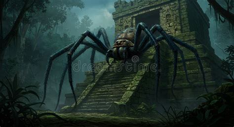 Giant Spider Guarding Ancient Temple In Jungle Illustration Art Stock Illustration