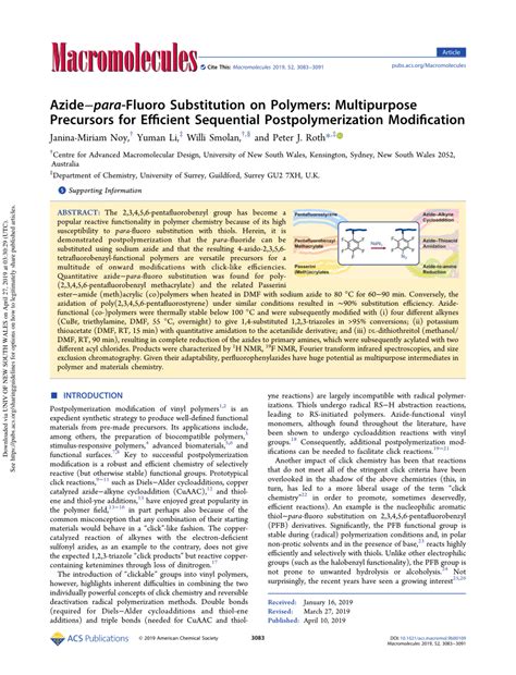 Pdf Azide Para Fluoro Substitution On Polymers Multipurpose Precursors For Efficient