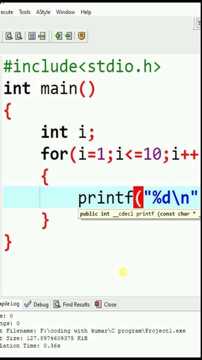 Print 1 To 10 Using For Loop In C Programing Shorts Youtubeshorts