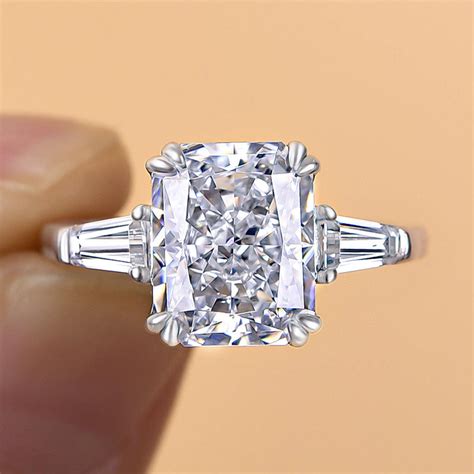 Radiant Cut Double Prongs Three Stone Engagement Ring Sterling Silver
