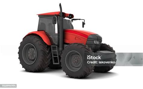 빨간색 농업 휠 트랙 터 흰색 배경에 고립입니다 전면 측면 보기 관점 아이 레벨 3d 렌더링 3차원 형태에 대한 스톡 사진 및 기타 이미지 Istock