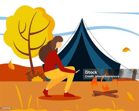 관광 여성은 화재로 그녀의 손을 따뜻하게 활동적인 라이프 스타일 하이킹 야외 레크리에이션의 개념 플랫 스타일로 귀여운 가을 일러스트 10월에 대한 스톡 벡터 아트 및 기타