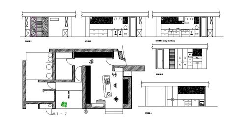 Plan And Elevation Of Kitchen 2d View Layout File In Autocad Format