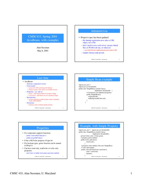 Simple Javabeans With The Examples Project 6 Cmsc 433 Docsity