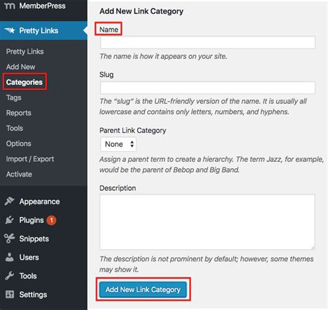 add edit and assign categories and tags to links pretty links
