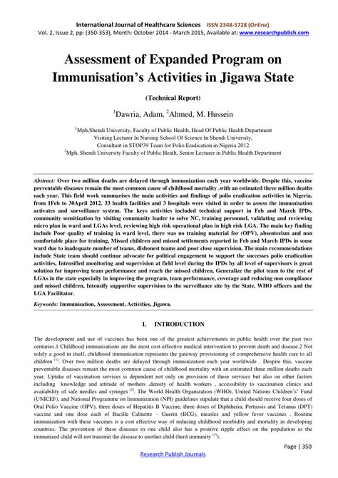 Pdf Assessment Of Expanded Program On Immunisations Activities In Jigawa State Technical Report