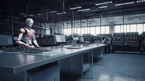 Manufacturing Automation 3d Rendered Laptop Controls Robot In Factory Background 3d Robot Ai