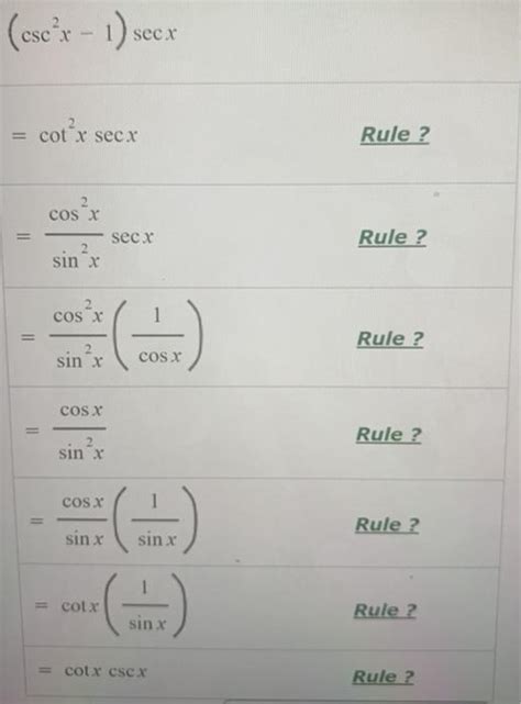 Solved esc x secx cot X sec X Rule cos²x secx Rule Chegg com