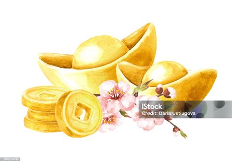 중국 설날 금 주괴 Yuan Bao Witn 황금 동전 풍수에서 부 풍요 및 금전적 행운의 상징 수채화 손으로 그린 그림 흰색 배경에 고립 0명에 대한 스톡 벡터 아트 및