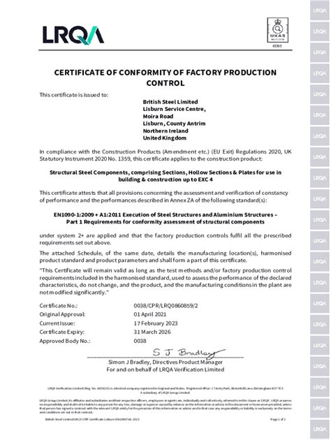 Fillable Online Certificate Of Conformity Of Factory Production Control Fax Email Print