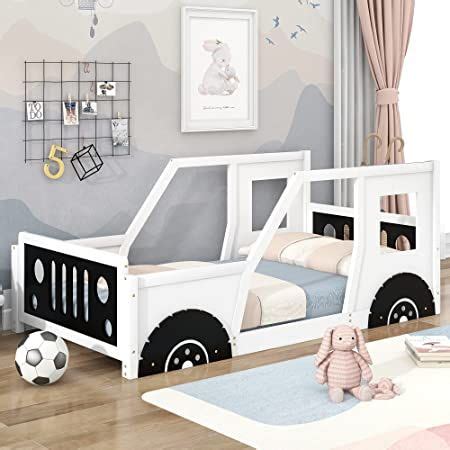 Merax Twin Size Classic Car Shaped Platform Bed With Wheels Wood Car