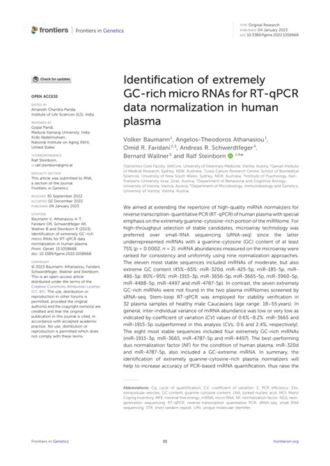 Pdf Identification Of Extremely Gc Rich Micro Rnas For Rt Qpcr Data Normalization In Human Plasma