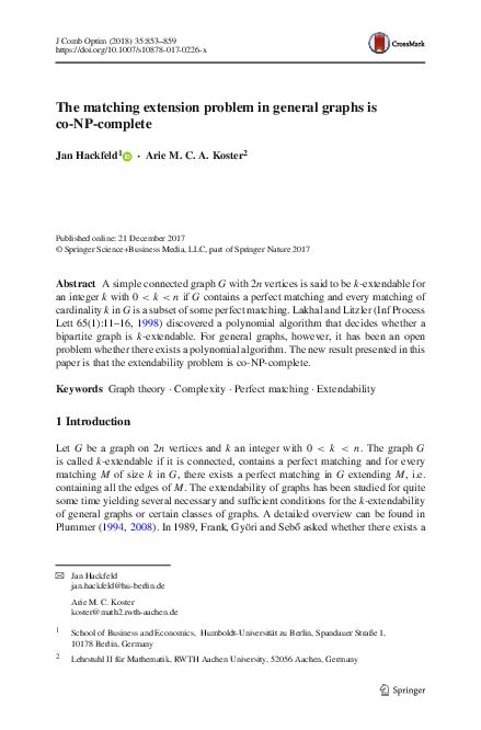 Pdf The Matching Extension Problem In General Graphs Is Co Np Complete