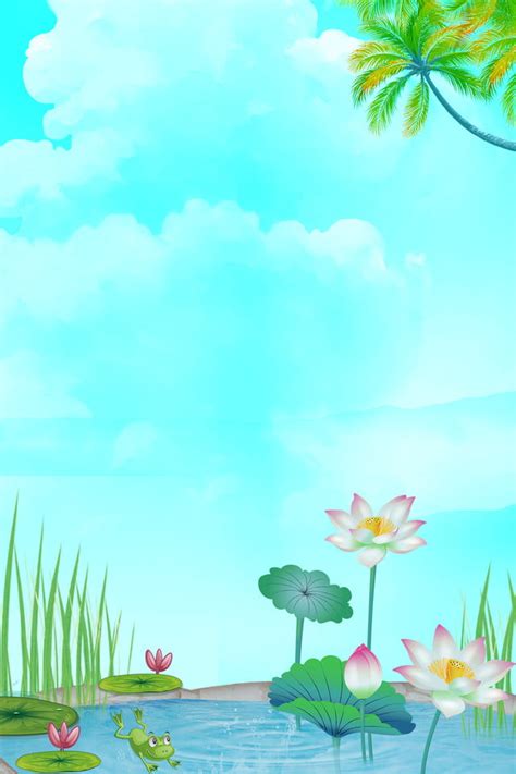 여름 연꽃 포스터 여름 연못 연꽃 푸른 하늘 흰 구름 지점 단순한 배경 배경 화면 및 일러스트 무료 다운로드 Pngtree