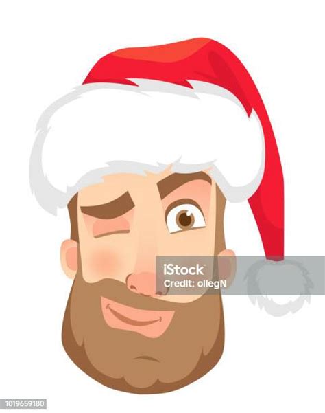 산타 클로스 모자에 남자의 머리 남자 얼굴 식입니다 인간의 감정입니다 만화 벡터 일러스트 레이 션의 집합입니다 만족 감정에 대한 스톡 벡터 아트 및 기타 이미지 Istock
