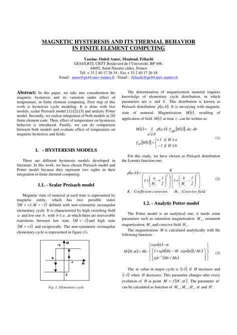 Pdf Magnetic Hysteresis And Its Thermal Behavior In Finite Element Computing
