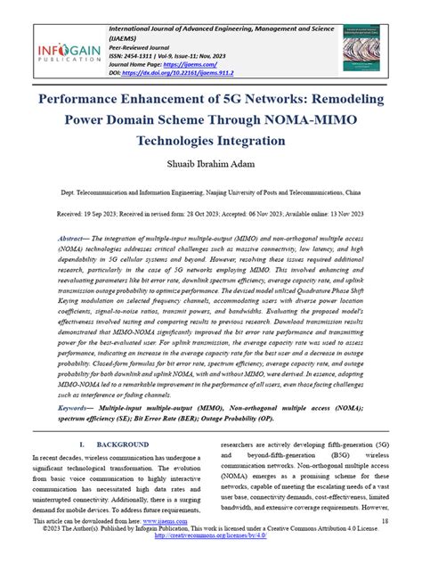 Performance Enhancement Of 5g Networks Remodeling Power Domain Scheme Through Noma Mimo