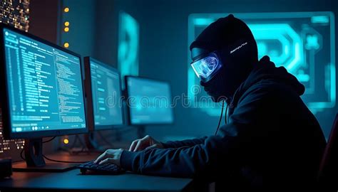 Cybersecurity Hacker Working Late At Night On Multiple Screens Stock Illustration Illustration