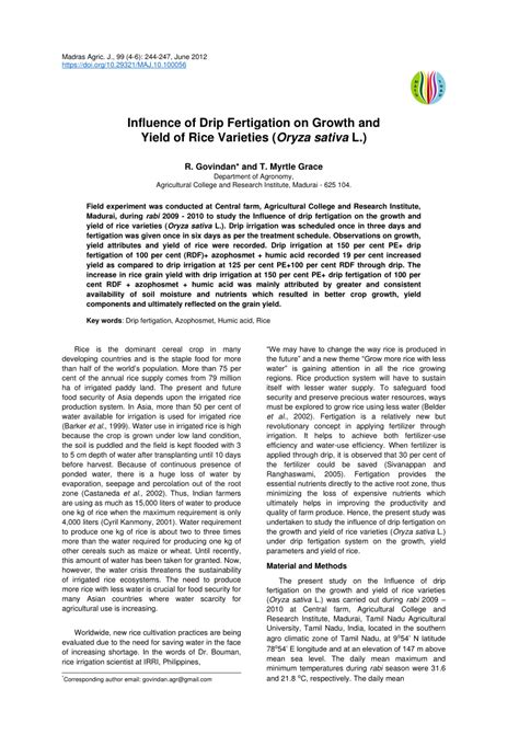 Pdf Influence Of Drip Fertigation On Growth And Yield Of Rice