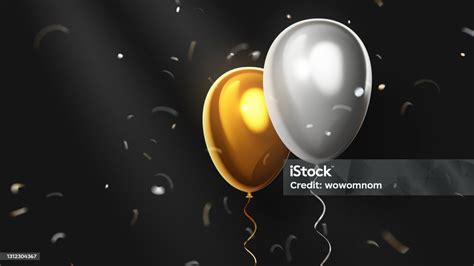 색종이가있는 검은 배경에 3d 사실적인 황금색과 은색 공기 풍선이있는 생일 수평 일러스트 금 금속에 대한 스톡 사진 및 기타 이미지 금 금속 생일 풍선 Istock
