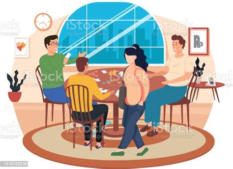 가방을 든 소녀는 쇼핑을합니다 남자들은 카드를 연주하고 아파트에서 함께 시간을 보내고 있습니다 가방에 대한 스톡 벡터 아트 및 기타 이미지 Istock