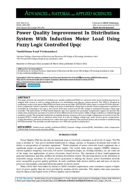 Pdf Power Quality Improvement In Distribution System With Induction