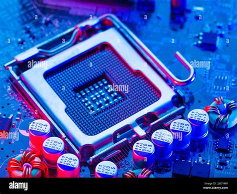 Macro Photography Of A Computer Processor Printed Circuit Or Motherboard Inside An Electronic