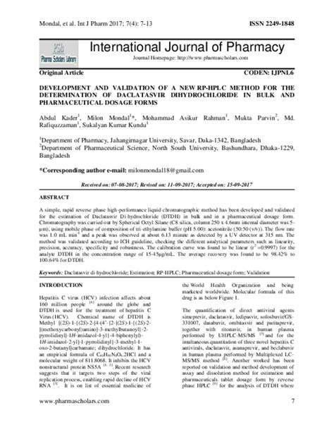 Pdf Development And Validation Of A New Rp Hplc Method For The Determination Of Daclatasvir