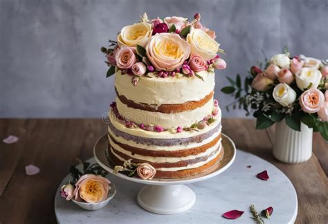 A Beautiful Naked Cake With Buttercream Flowers And Rose Petals On Top Stock Illustration