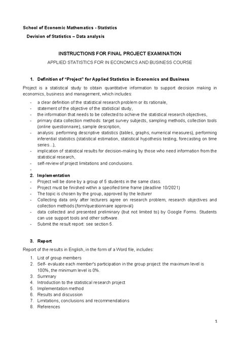 Final Project Exam Guidelines School Of Economic Mathematics Statistics Devision Of