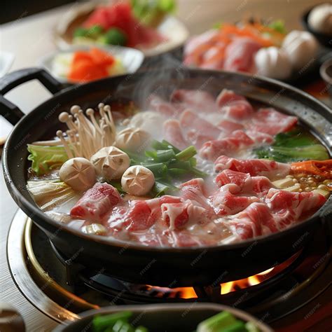 Steaming Hot Pot Of Shabu Shabu With Meat And Vegetables Premium Ai