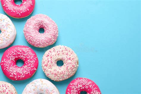 Delicious Glazed Doughnuts On Color Background Stock Image Image Of Calories Doughnuts
