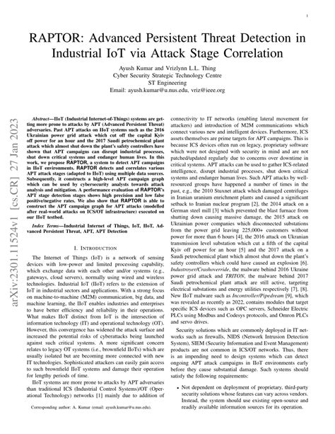 Pdf Raptor Advanced Persistent Threat Detection In Industrial Iot Via Attack Stage Correlation