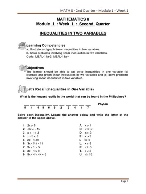 Math Grade 8 Quarter 2 Module 1 Week 1 Pdf Applied