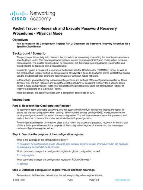 Packet Tracer Research And Execute Password Recovery Procedures Physical Mode Pdf