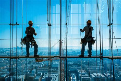 Construction Workers Fit Large Window Pane In Urban Skyline Stock Illustration Illustration Of