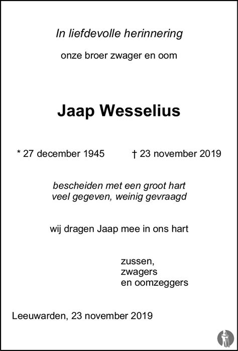 Jacob Jaap Wesselius 23 11 2019 Overlijdensbericht En Condoleances